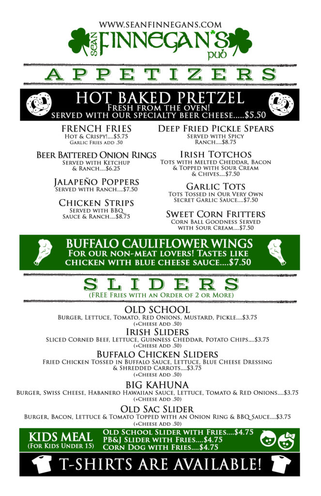 Menu - Sean Finnegan's Old Sacramento